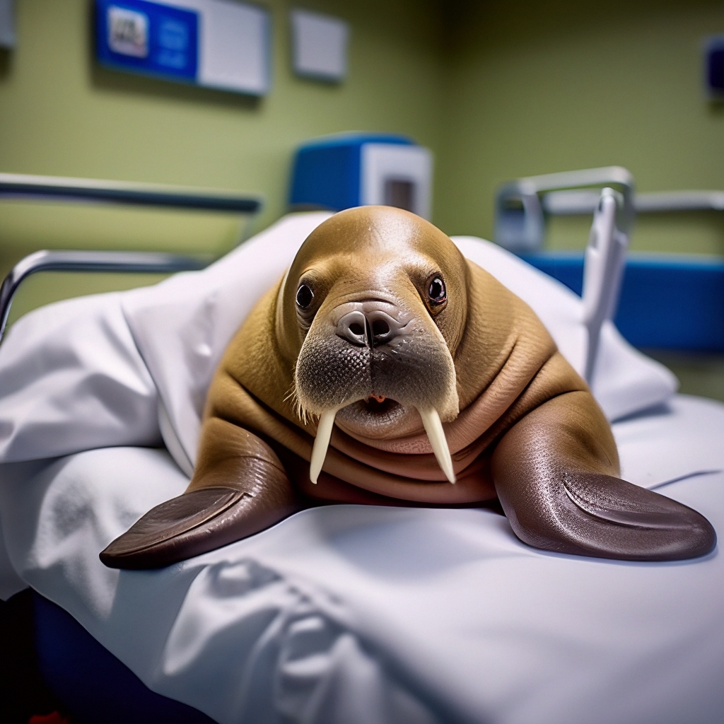 "A sick walrus is lying in bed, in the hospital, there is a doctor-cat ...