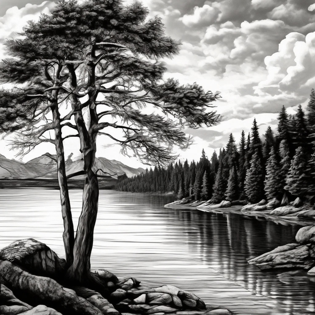 "Drawing-coloring. tree on the hillside, lake shore drawing for ...