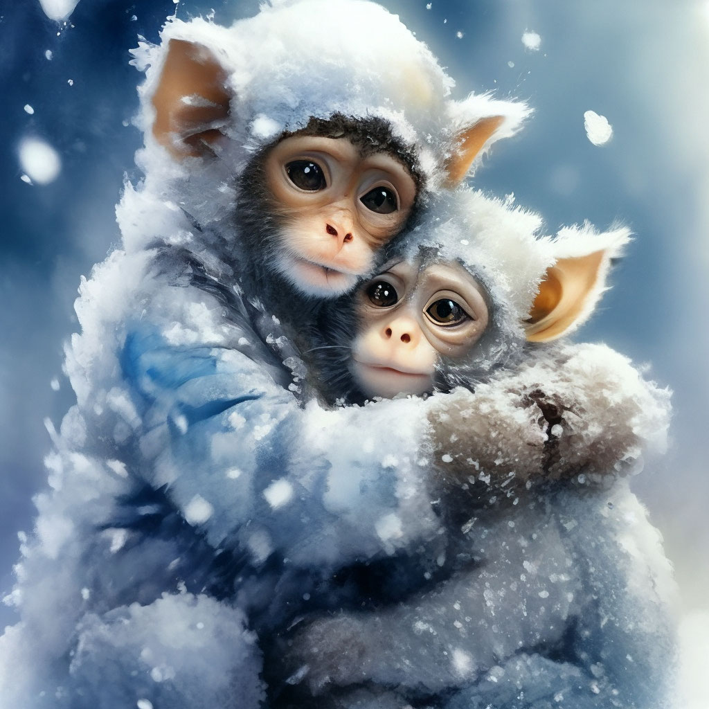 General plan, ice, snow, frost Cute elegant baby monkey hugs a donkey ...