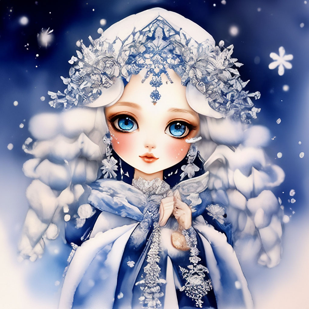 "💫Watercolor, snow maiden, chibi doll, girl, filigree finish, diamond ...