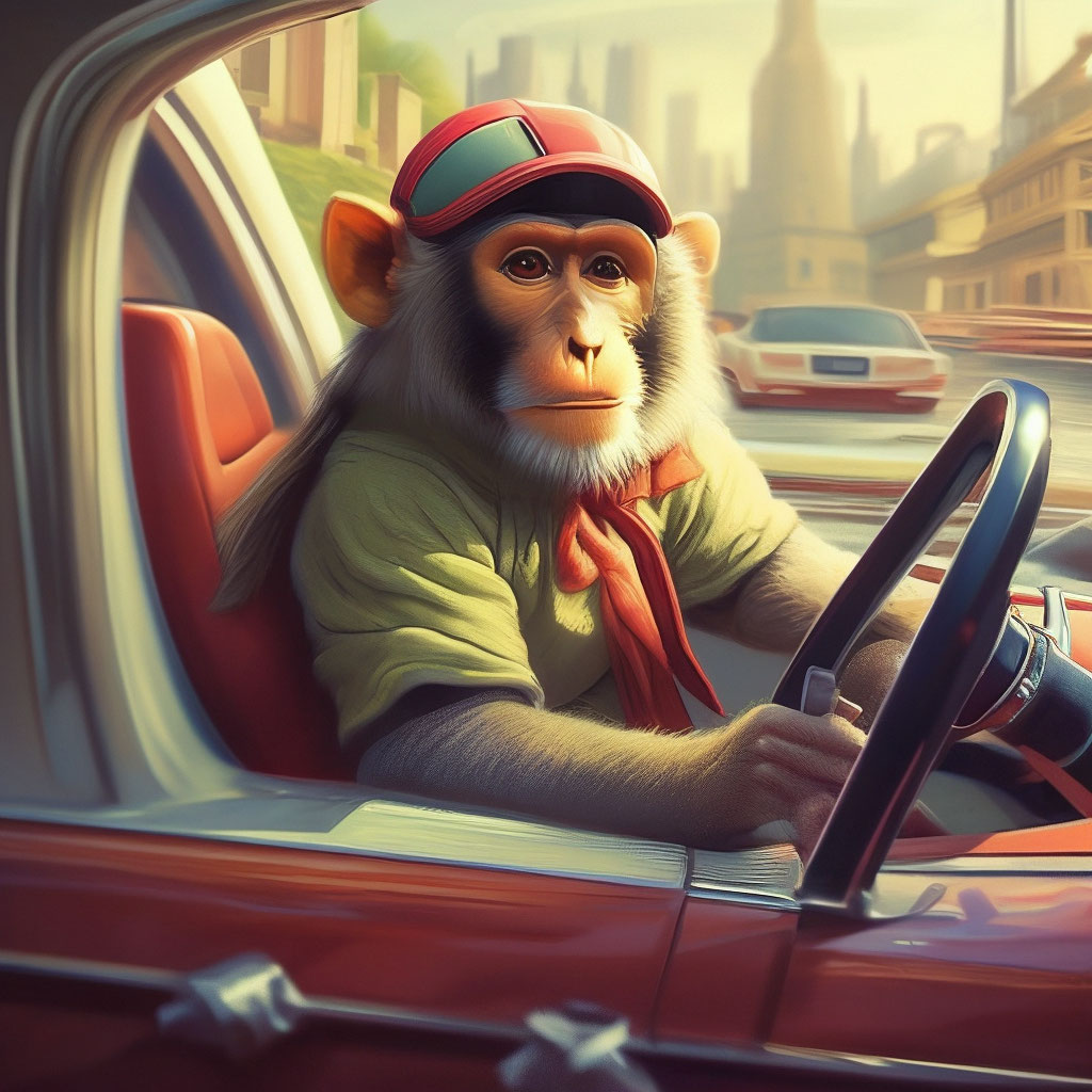 "Monkey driving" — image created in Shedevrum