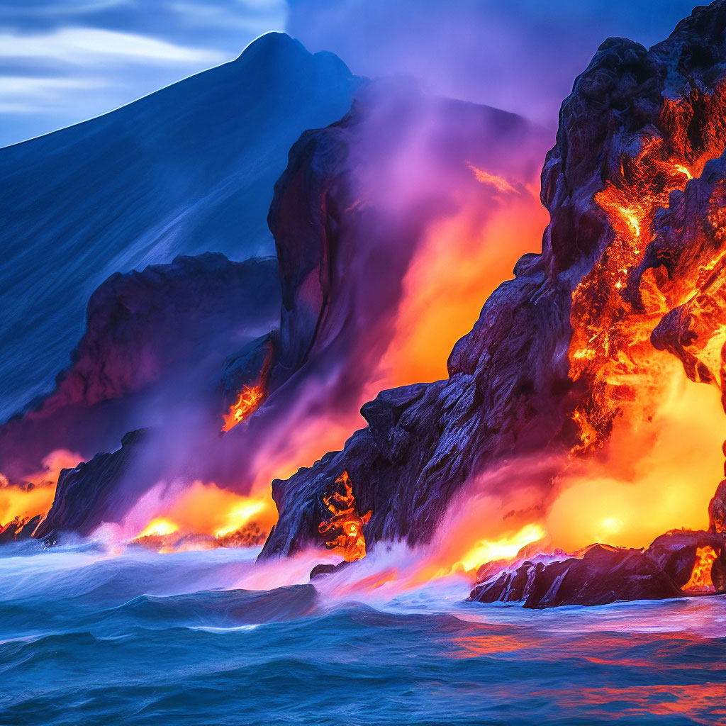 "Volcanic eruption,flowing lava,flying rocks, blue sea,mountains,blue ...
