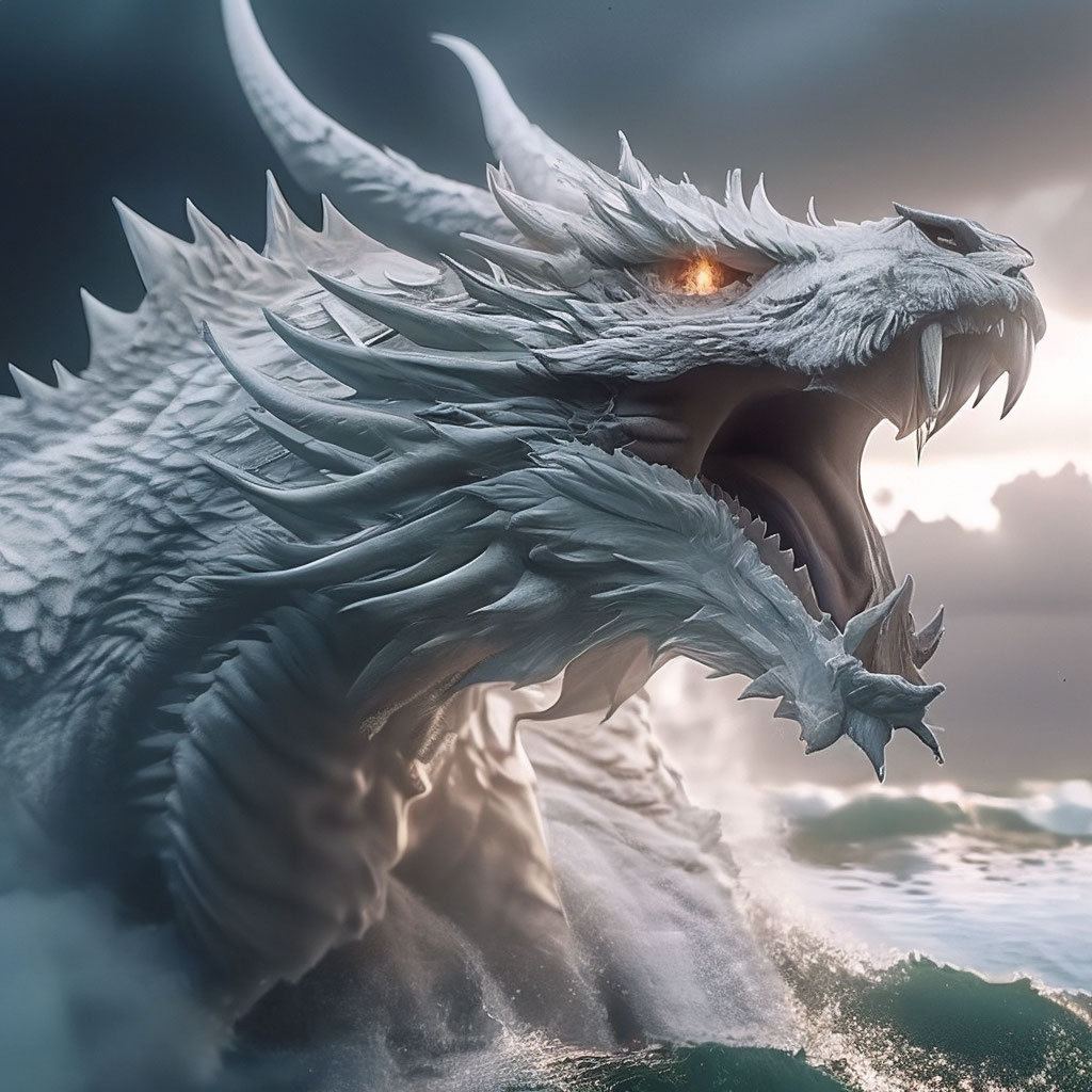 "Close-up of a giant epic white dragon emerging from a raging sea ...
