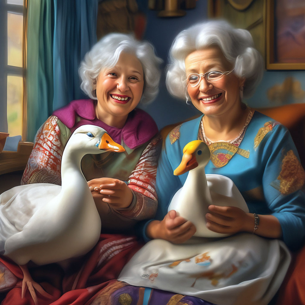 "Photorealism, two merry geese lived with granny, hyperrealism, digital ...
