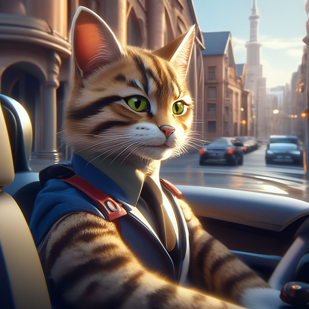 "Anthropomorphic cat driver driving a car through the city of deer ...