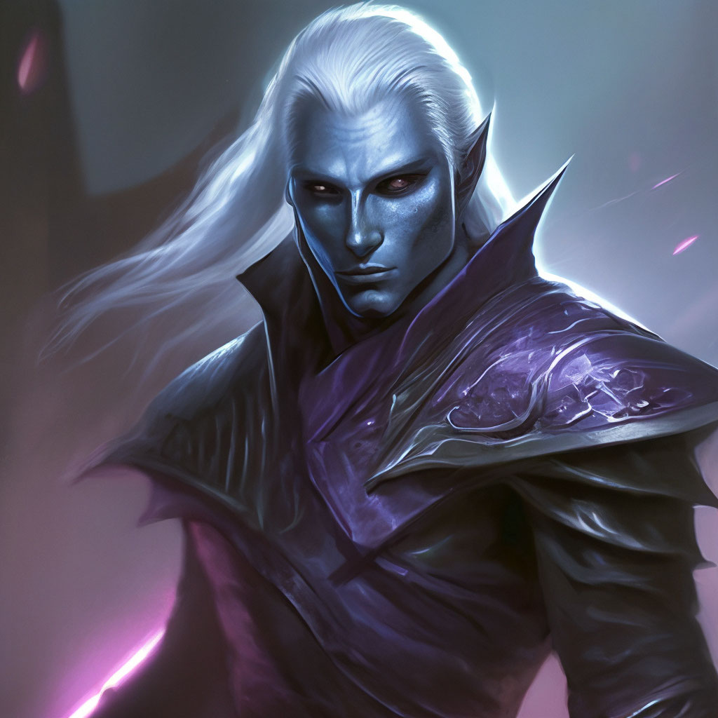 "Drow, grey skin, male, assassin" — image created in Shedevrum