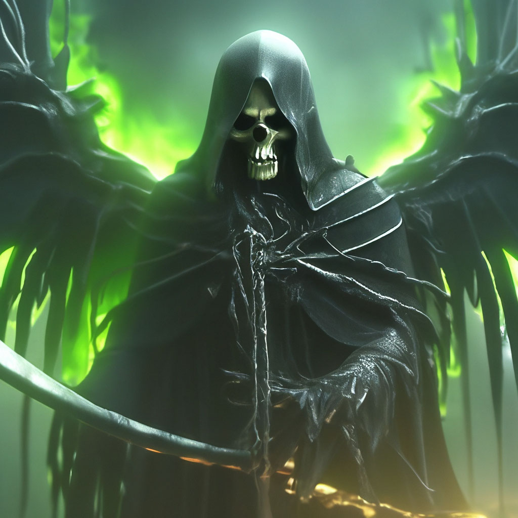 "Grim Reaper, skull, green flame from eye sockets, scythe, black wings ...