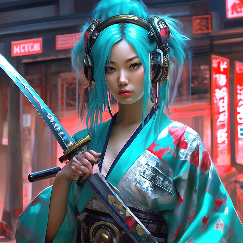 "Samurai sword, kimono, cyberpunk, girl with turquoise hair ...