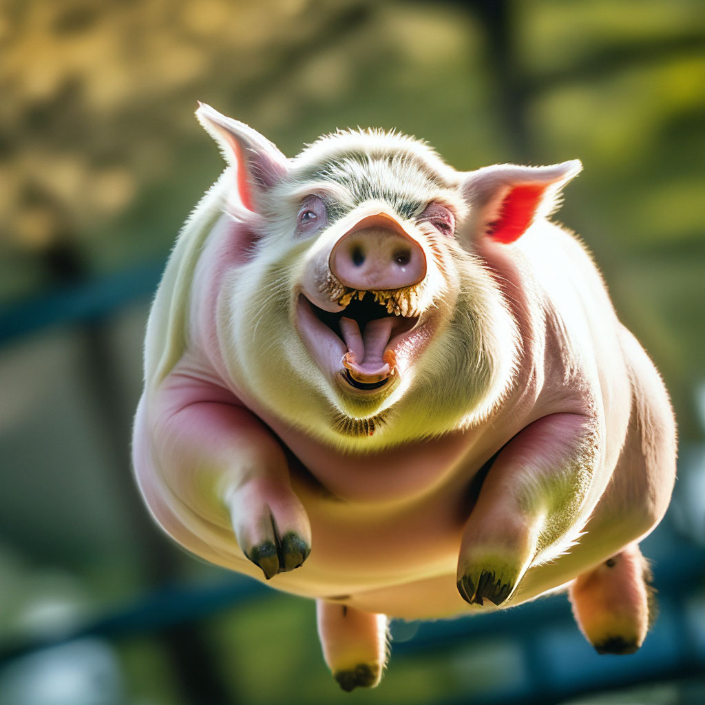 "The funniest fat flying pig" — image created in Shedevrum
