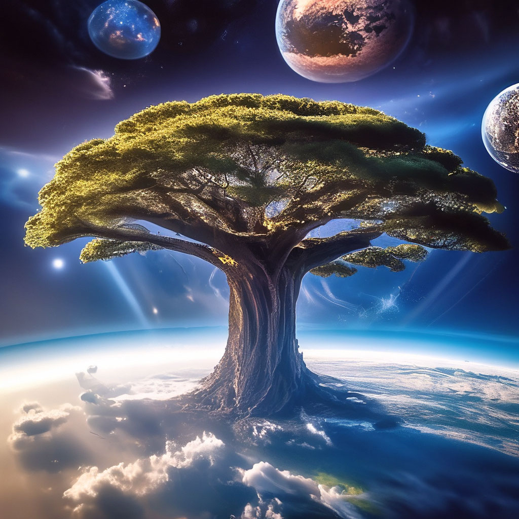 "A view from space to earth , a large tall tree has grown to the ...