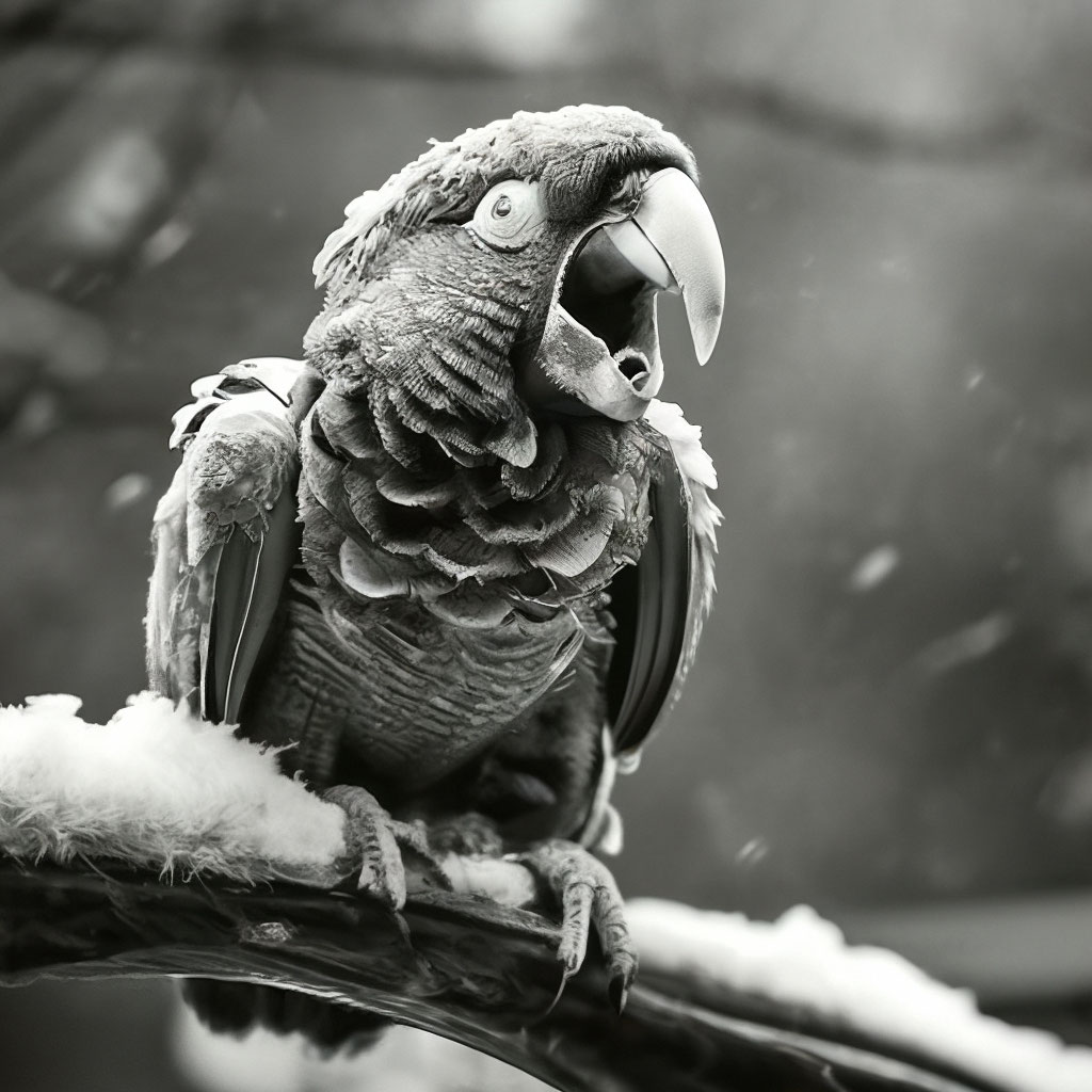 "😱 black and white minimalism. A scary parrot sits on a dry branch and ...