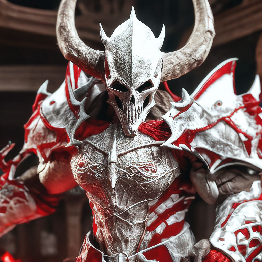 "Demon in bone armor, with a battle axe, red and white, realistic, high ...