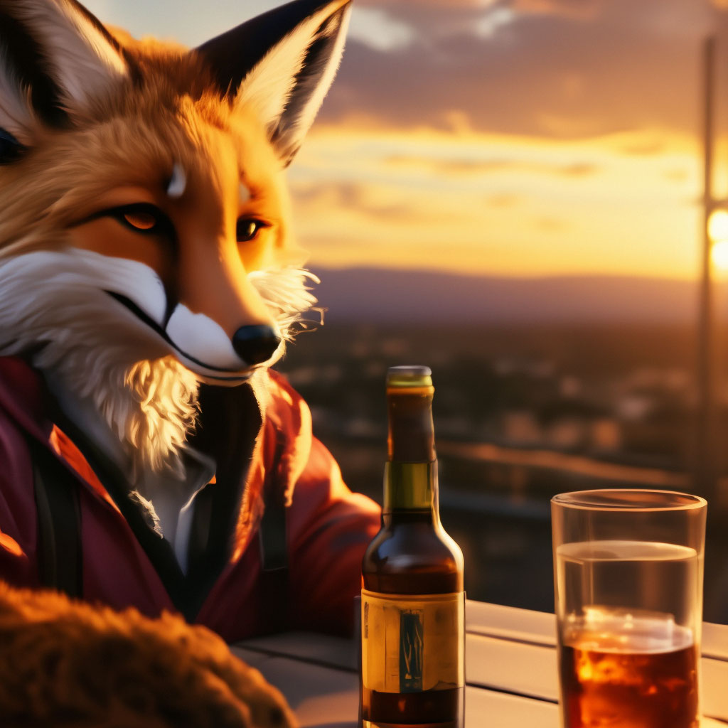 "The fox drinks alcohol" — image created in Shedevrum