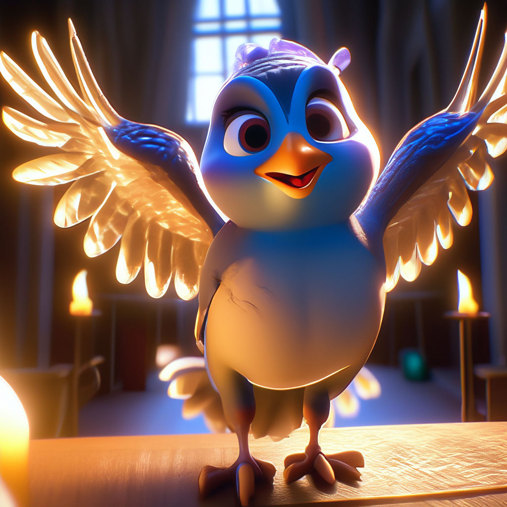 "High detail, computer graphics ,5d, robber nightingale ,pixar,, bright ...