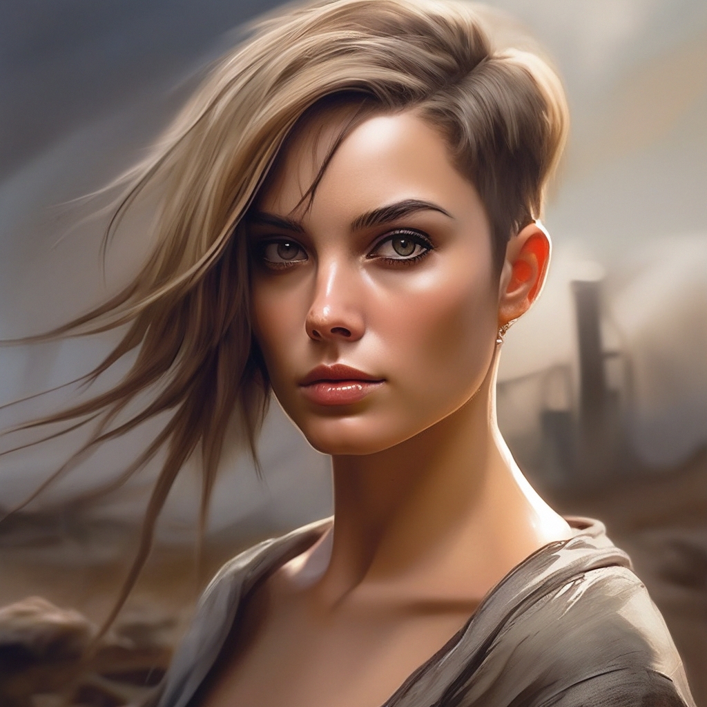 "Large portrait, beautiful woman, beige hair , brown eyes , sly look ...
