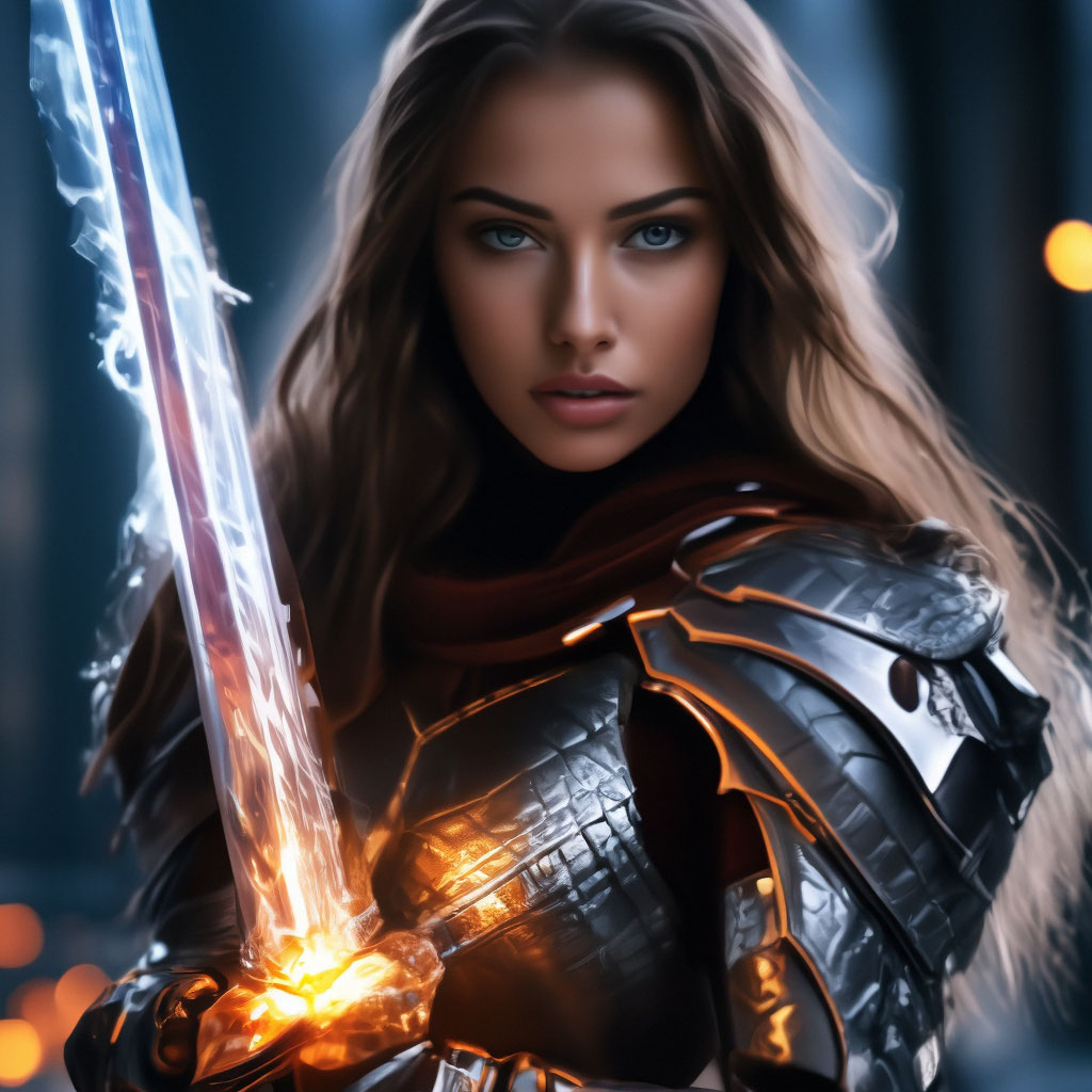 "A warrior girl in a knitted thick angora thread, liquid mercury ...