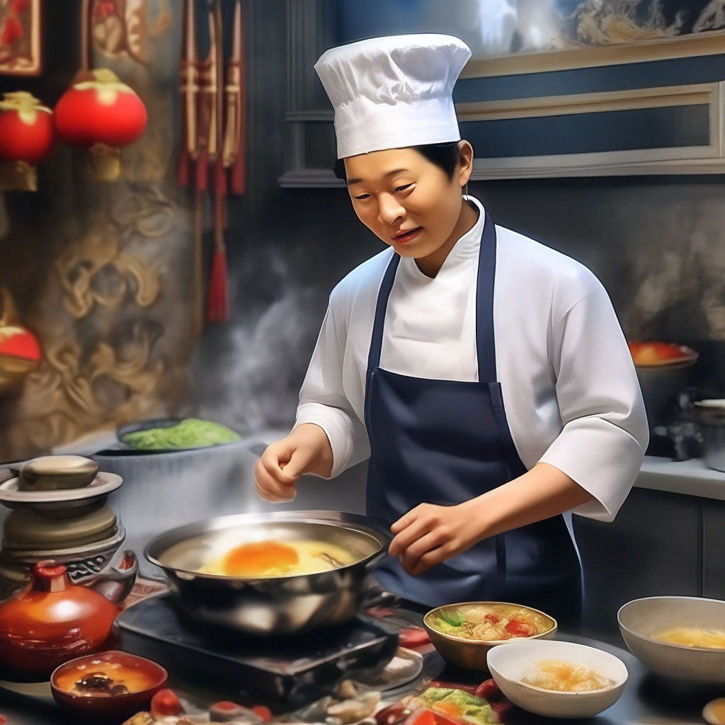 "Hyper realistic chinese painting, chinese chef in the kitchen cooks ...