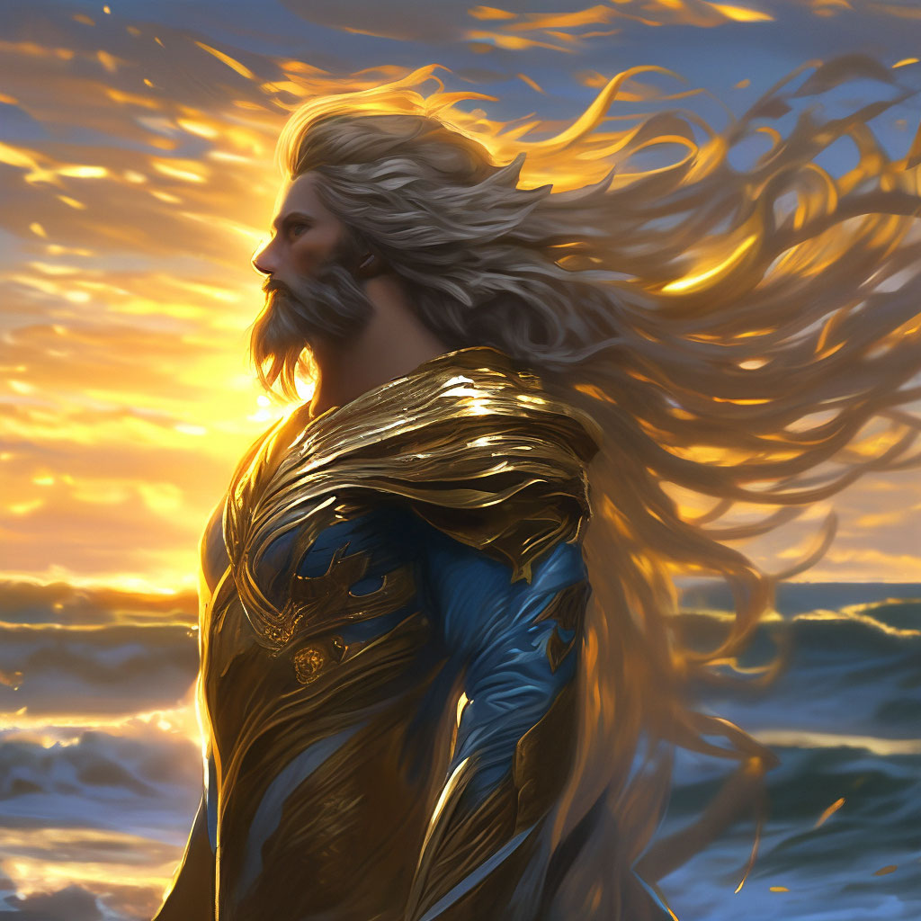 "Godlike lord of the seas and oceans, long transparent thick hair ...