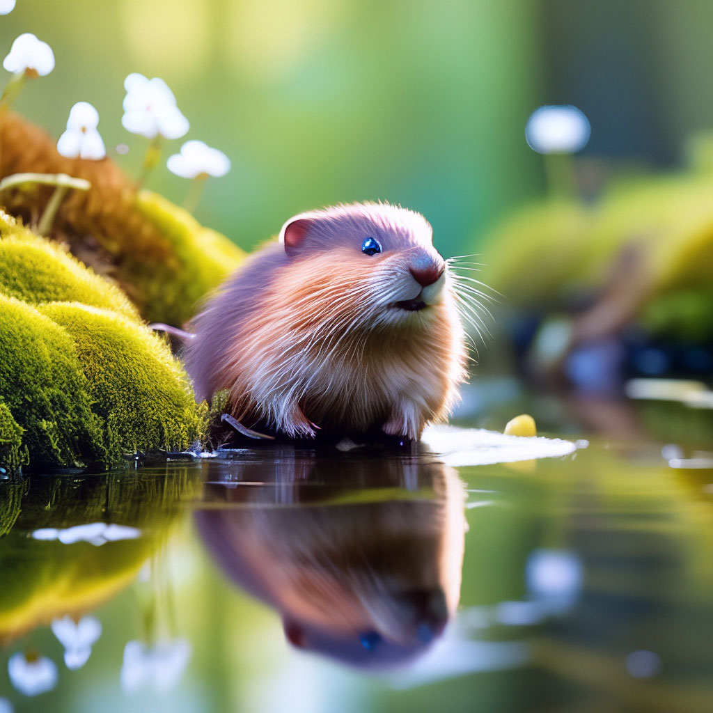 "A cute little fluffy muskrat bent over the water, professional photo ...