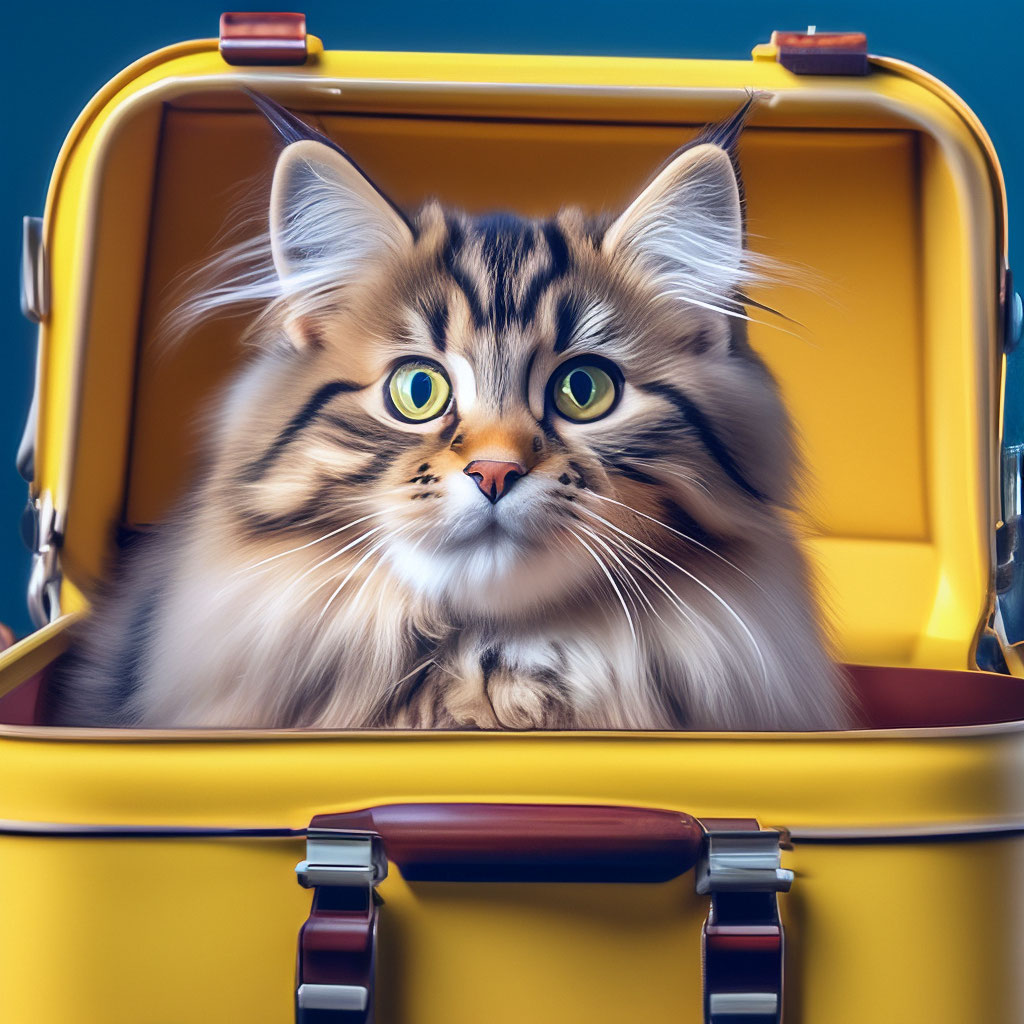"Cute fluffy cat sitting in a yellow suitcase, aesthetically pleasing ...