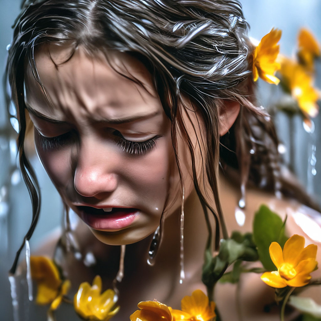 "Ultra-realistic, beautiful girl,crying,tears dripping into a puddle ...
