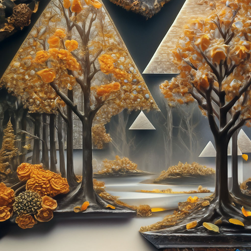 "Drawing autumn volumetric 3d textured landscape triangular trees ...