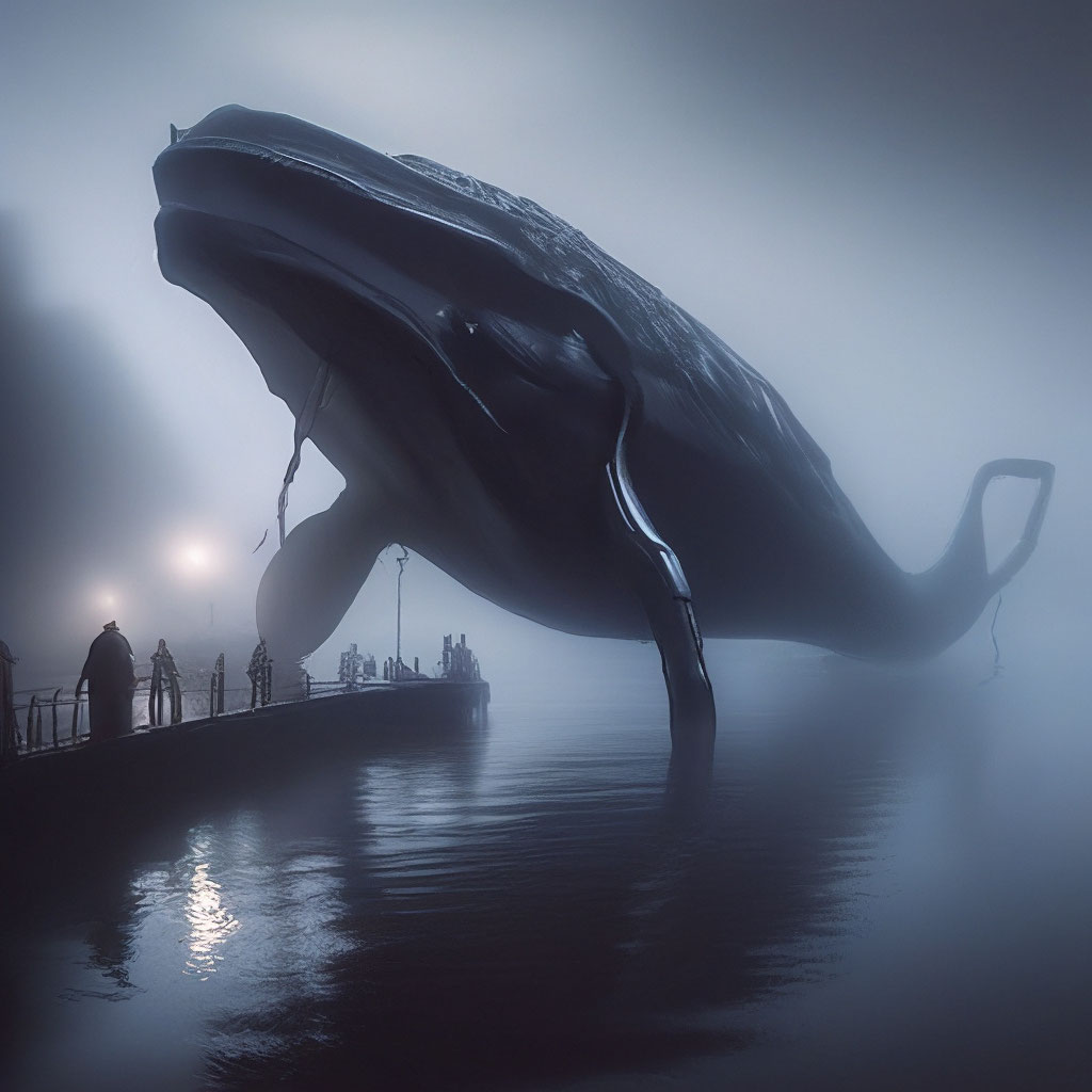 "Mechanical whale, horror, hyperrealism, in the water, fog night, scary ...