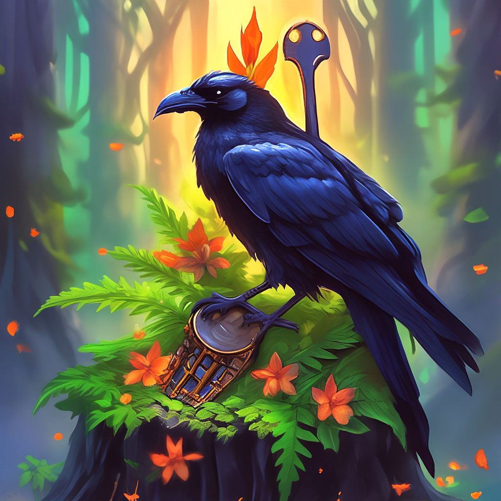 "A black raven sits on a stump with a big key in its beak, with green ...