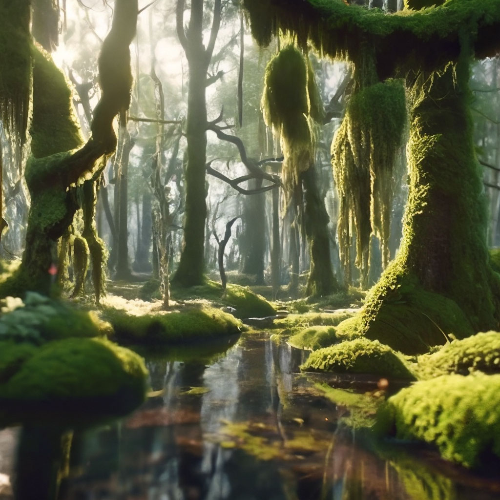 "Beautifully served swamp , moss hanging from trees , 8d, 4k, high ...