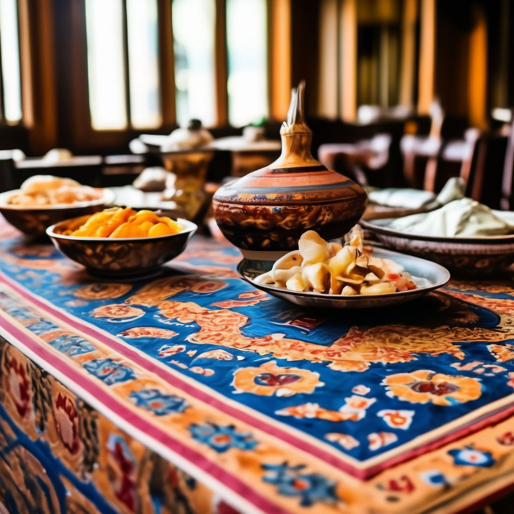 "Self-made tablecloth in the restaurant is covered with dastarkhan ...