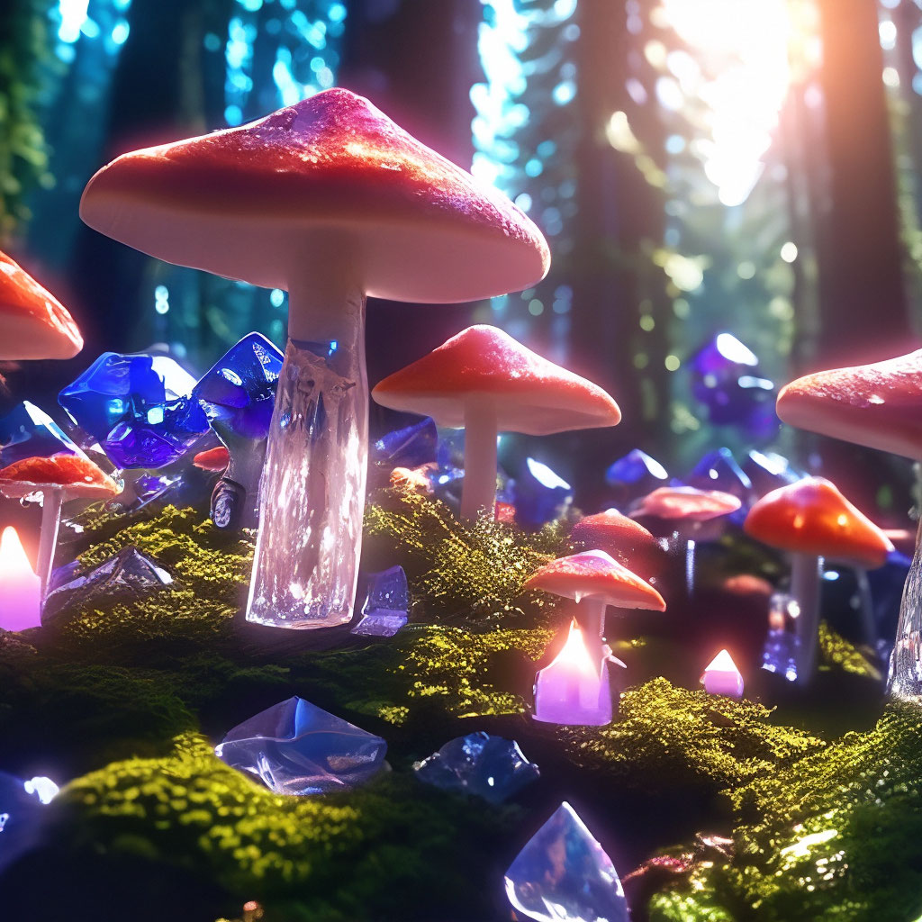 "Magic forest, crystals, huge mushrooms,, beautiful, realistic ...