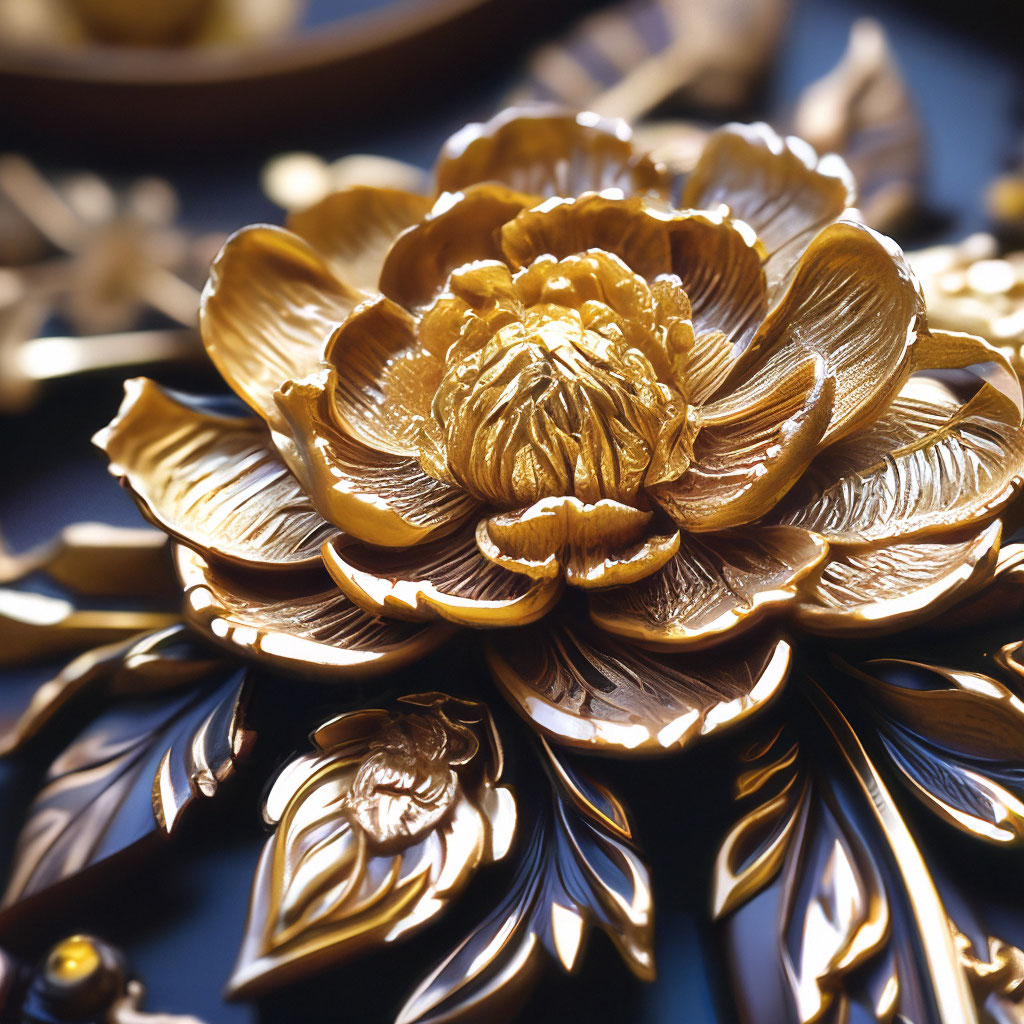 "Wood carving, ebony, peony flower, inlaid with gold and precious ...