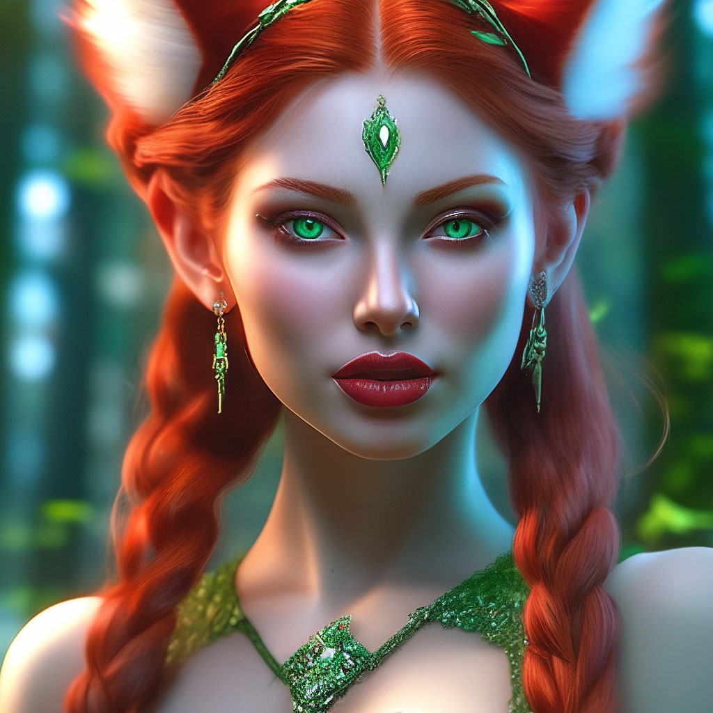 "Elf girl, red hair, braid to the waist, fluffy fox ears, red lips ...