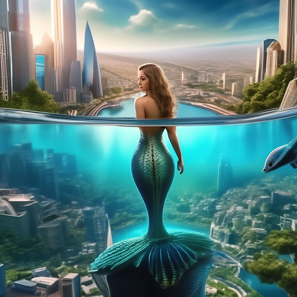 "Optical illusion, mermaid, background half city and half underwater ...