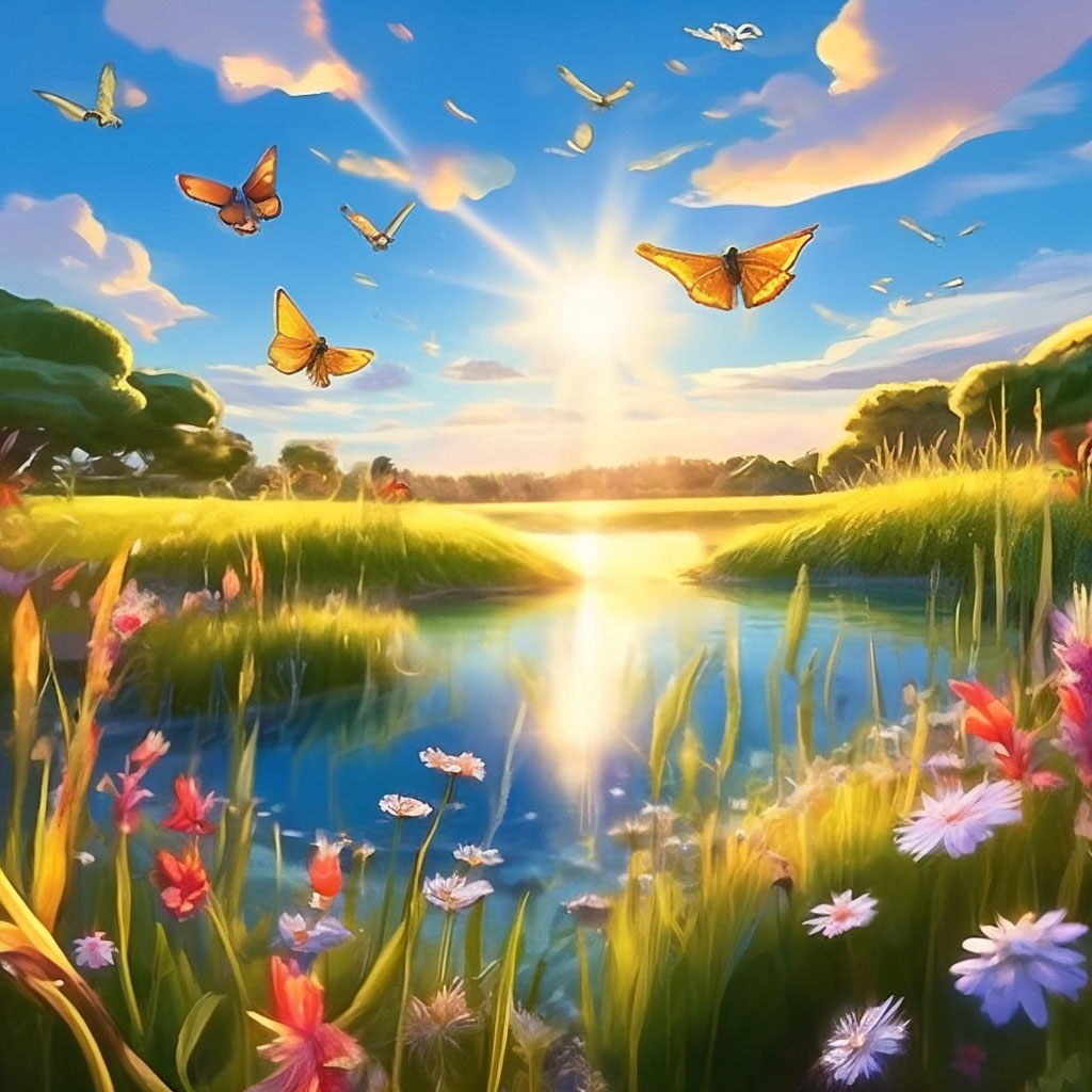hyperrealism is a cartoon lake, around grass, different flowers, flying ...
