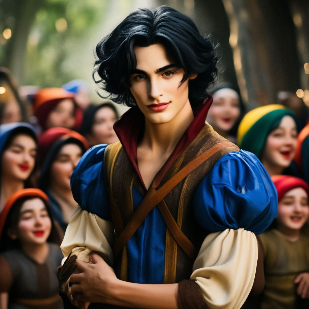 "Snow White male version and seven dwarfs" — image created in Shedevrum