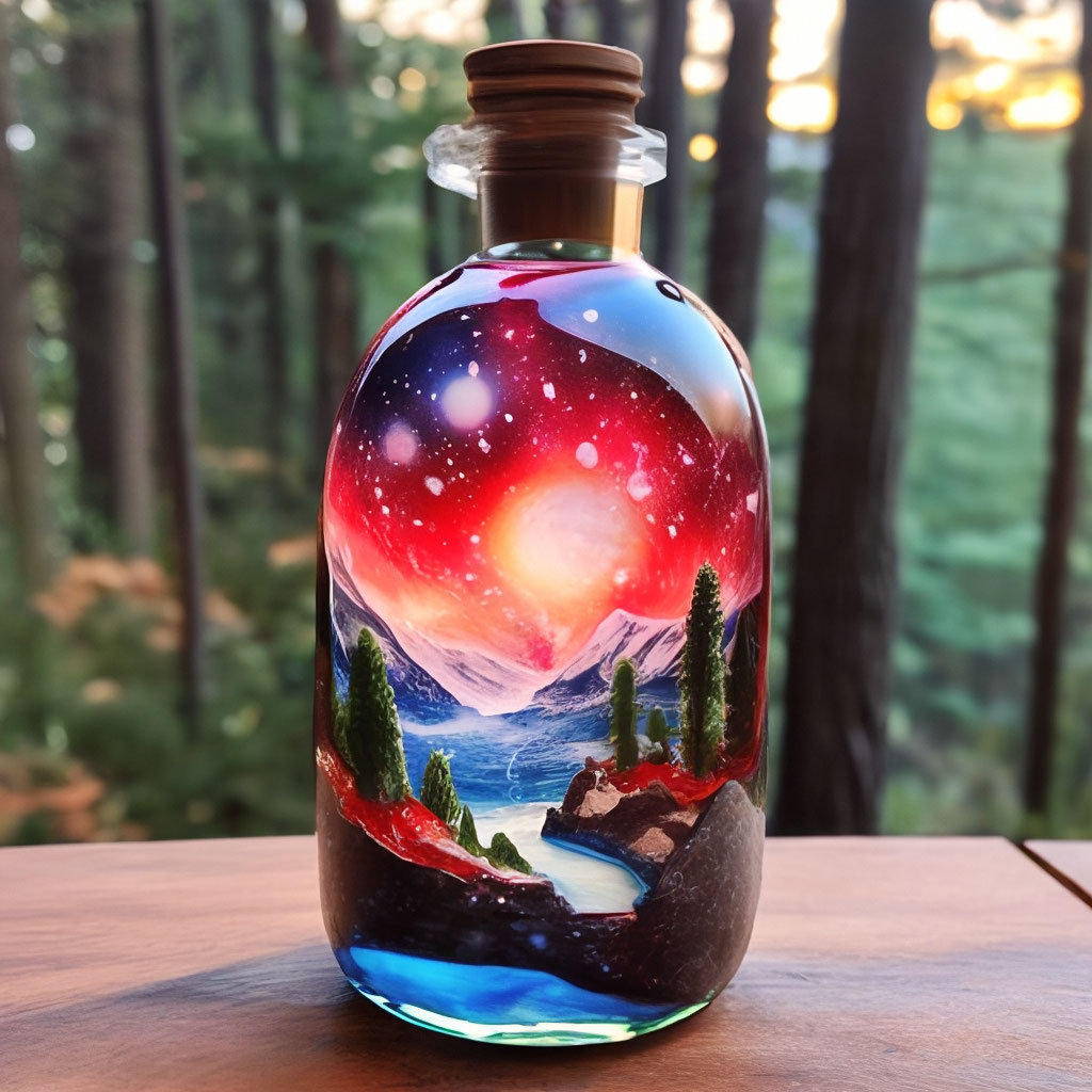 "Beautiful landscape, landscape in a glass bottle, red galaxy bottle ...