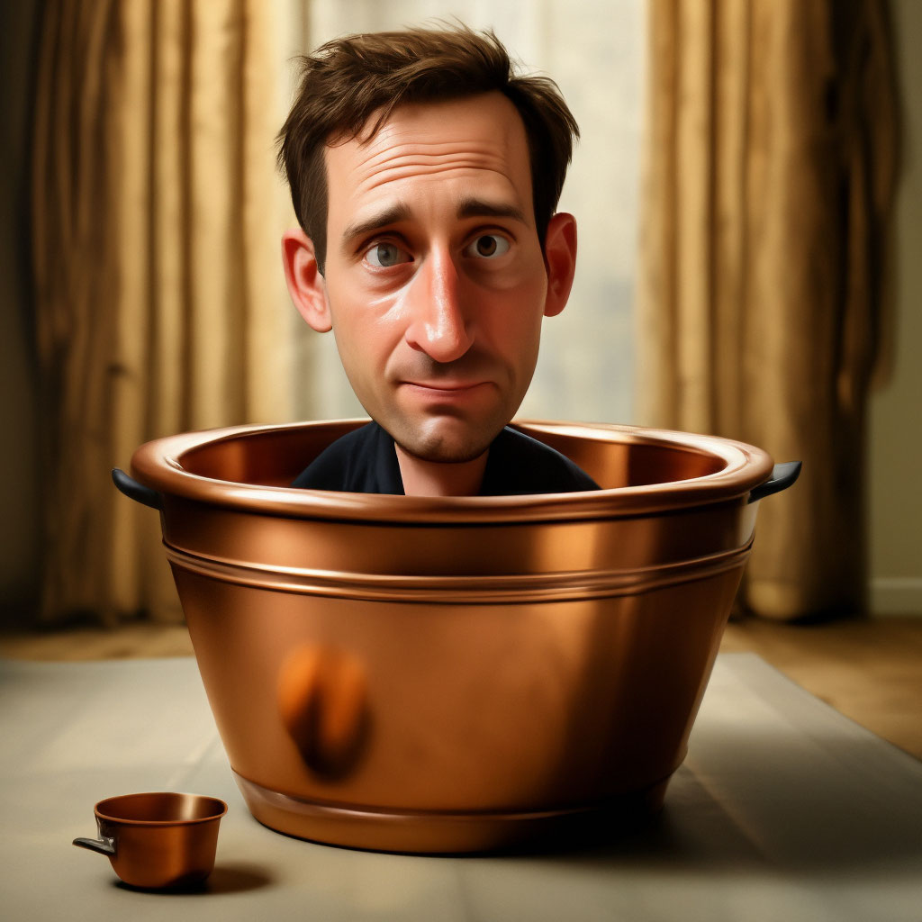 "Covered with a copper basin, humor, caricature" — image created in ...