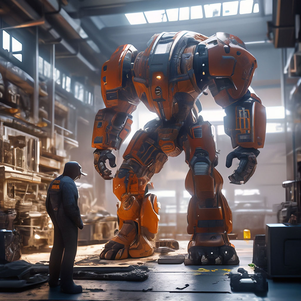 mechanic, full body, with wielder, in a workshop repairing an enormous ...
