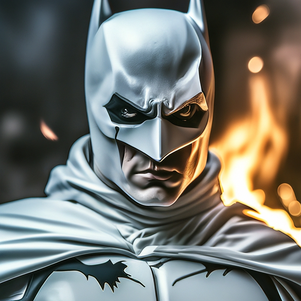 "Creepy ghostly Batman with a burning head in a white suit, realistic ...