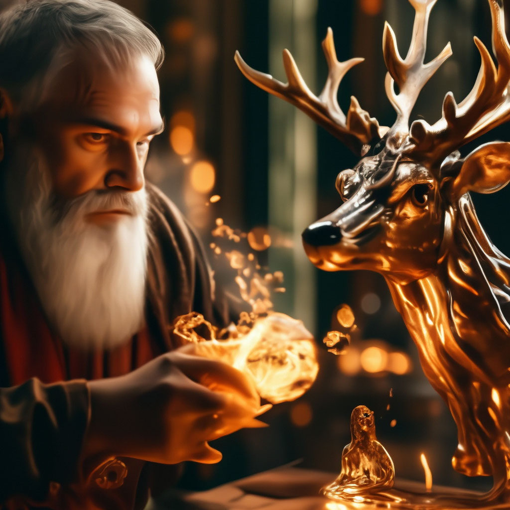 "A glassblower wizard blows out a beautiful statuette of a forest deer ...