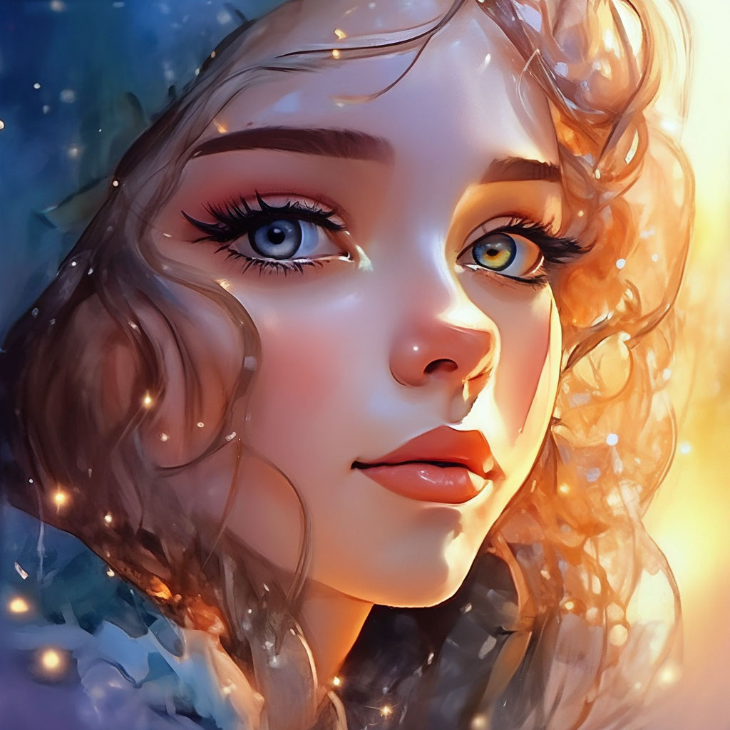 "Three-dimensional watercolor, girl, drawing, big kind eyes looking ...