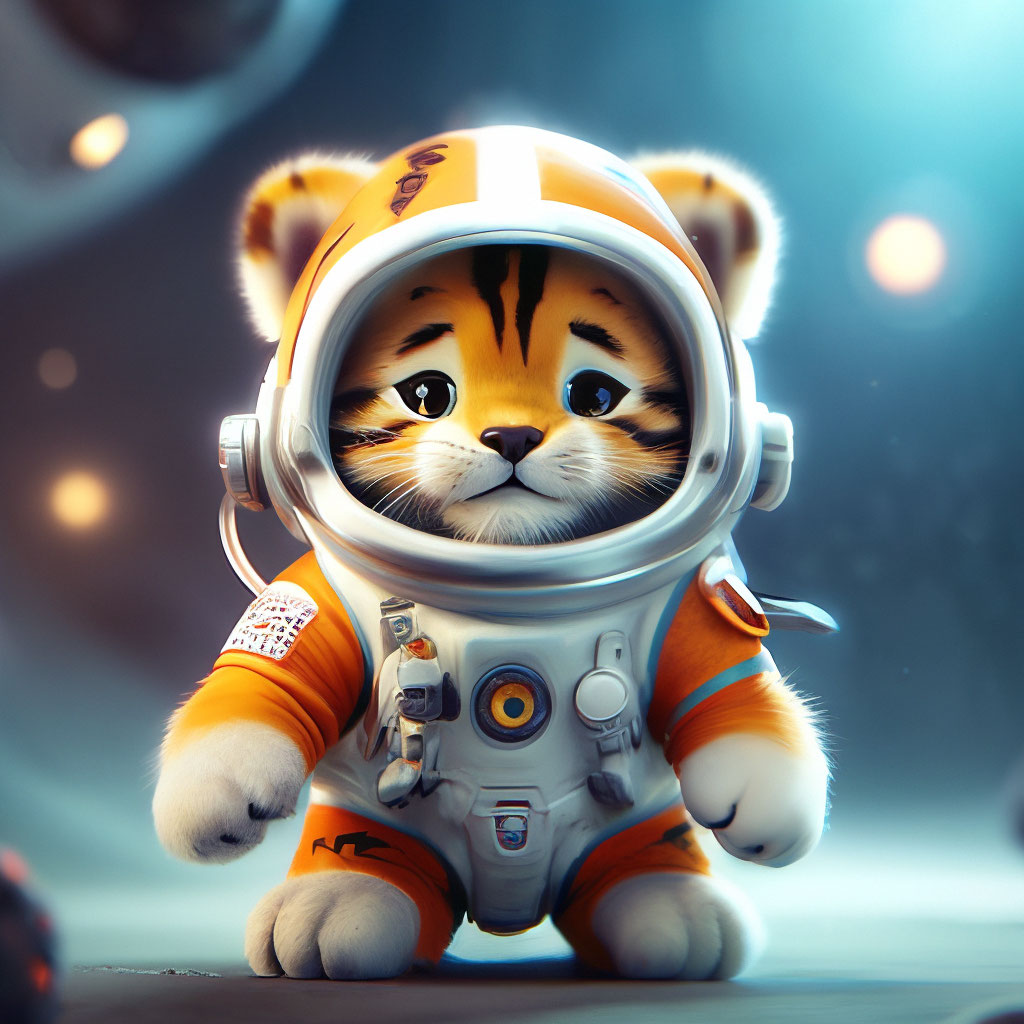 "Cute little fluffy tiger cub of an astronaut" — image created in Shedevrum