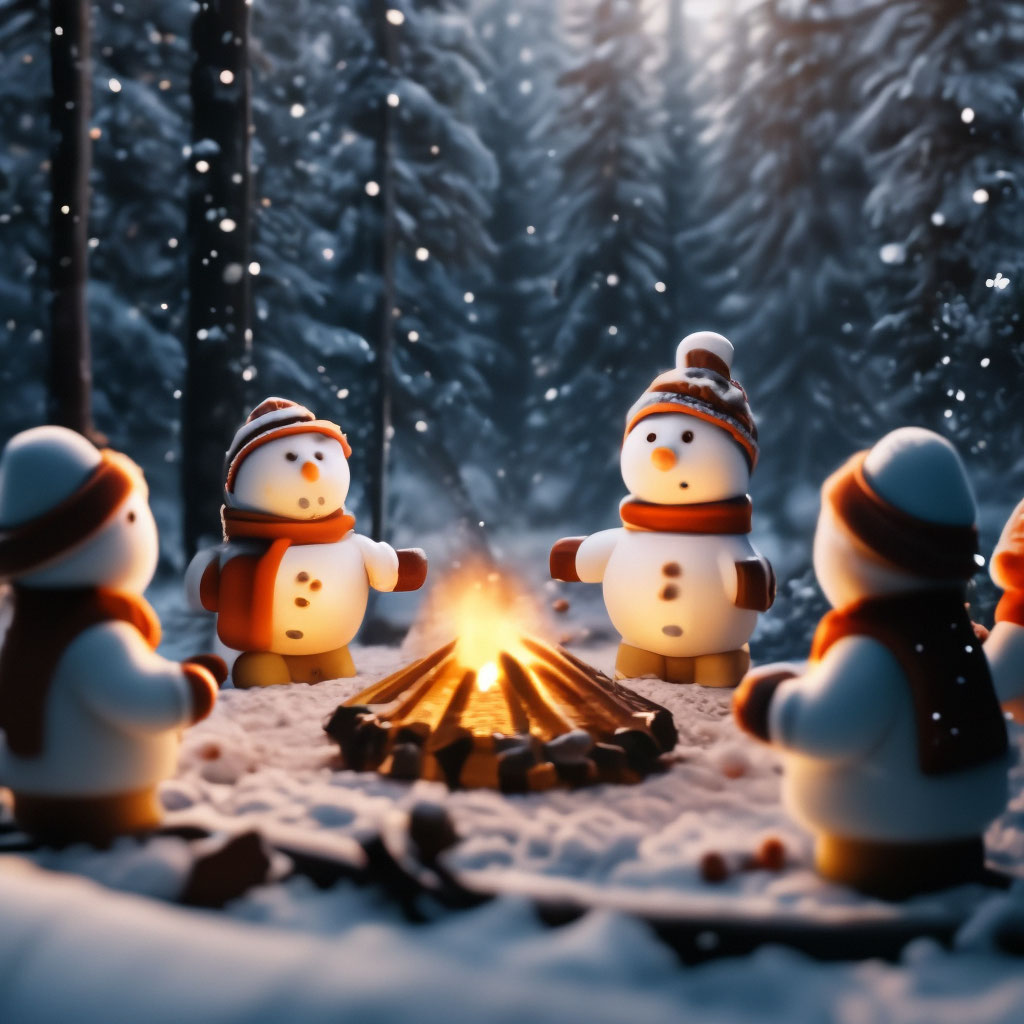 "A lot of snowmen around the campfire in the winter forest, the snow ...