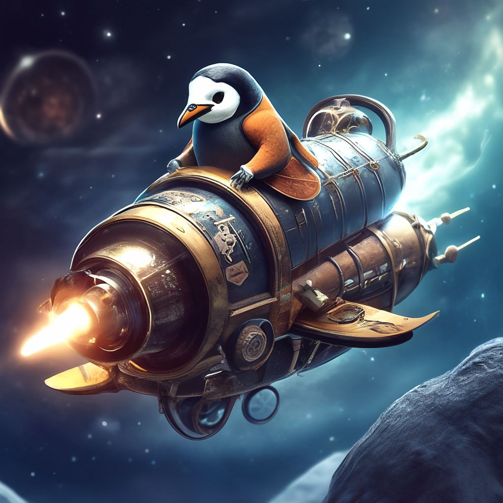 "The penguin is flying on a rocket into space" — image created in Shedevrum