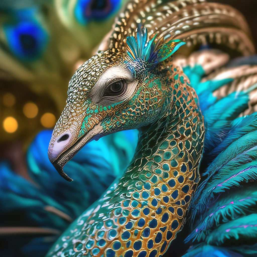 "Intricate photo giraffe in feathers with peacock coloring ...