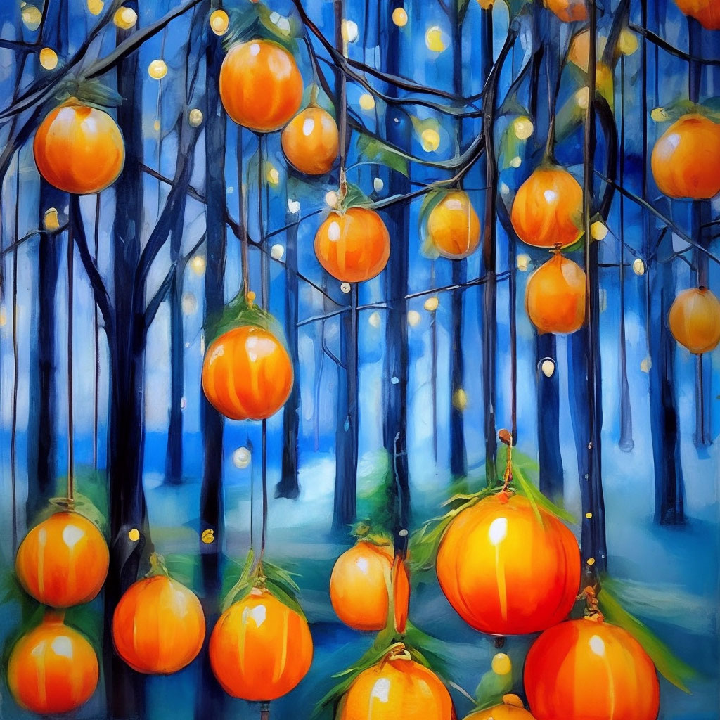 "Magical forest on December 31, tangerines and Christmas tree toys in ...