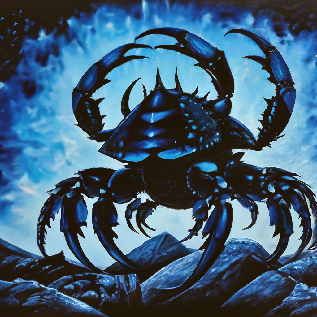 "Black silhouette of a beetle +crab, huge spikes on the back, blue ...