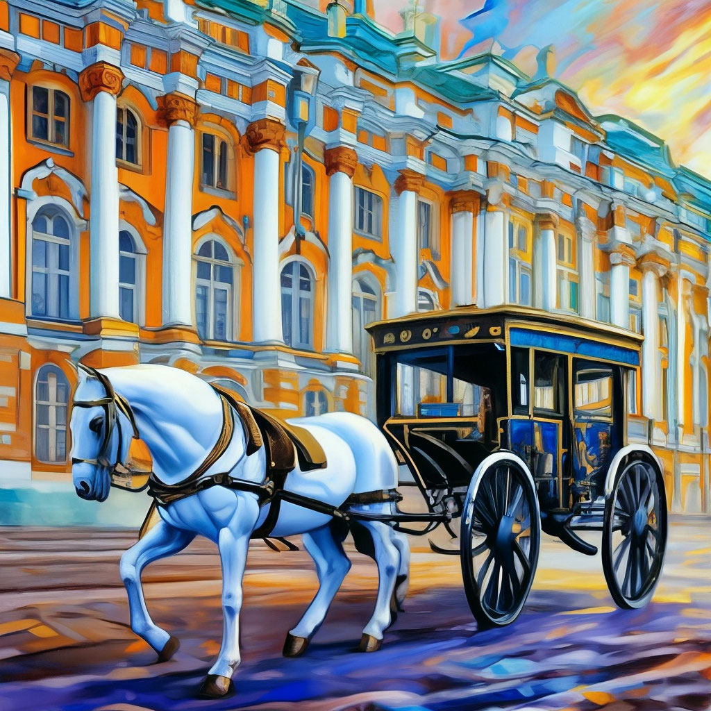 "A carriage of a rich nobleman drawn by a white horse stands in front ...