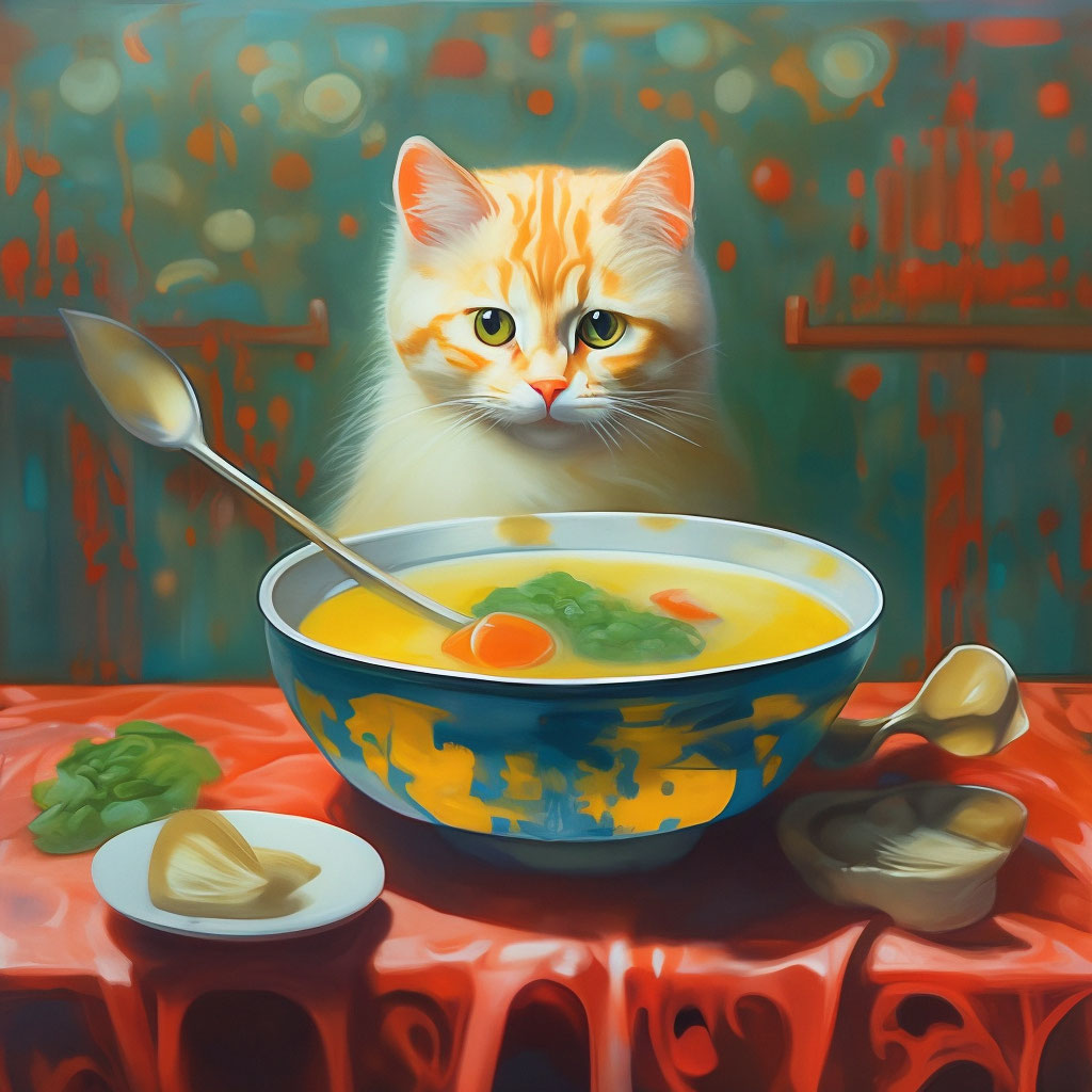 "Soup with a cat" — image created in Shedevrum